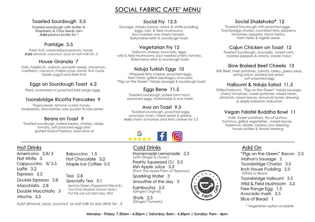 Menu | Social Fabric Café | Stoneybatter Dublin 07