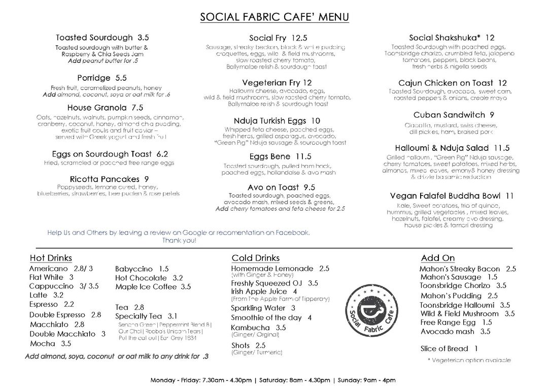 Menu | Social Fabric Café | Stoneybatter Dublin 07